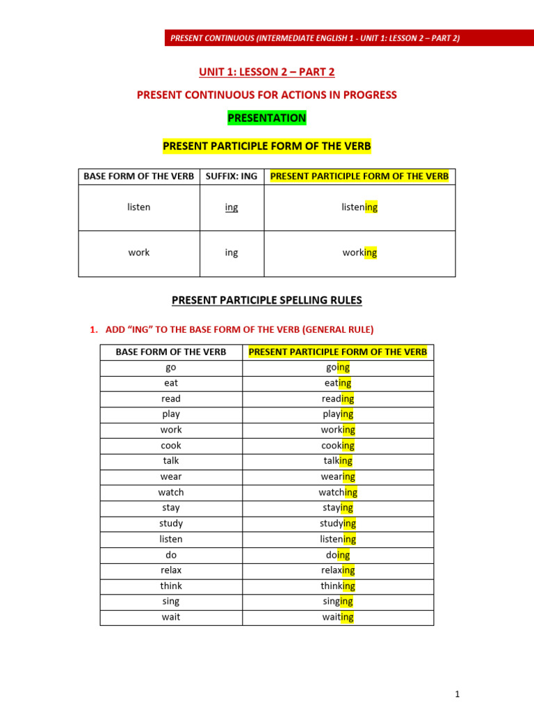 Present Continous For Actions in Progress (Unit 1 - Lesson 2 - Part 2) | PDF | Verb | Linguistic ...