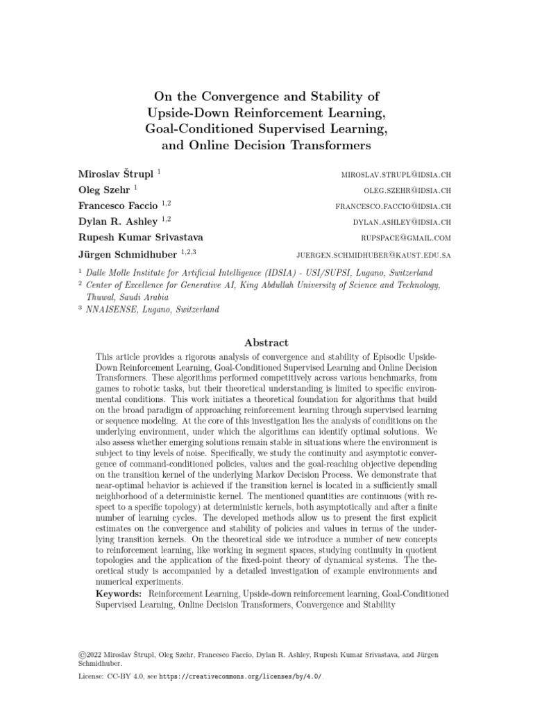 On The Convergence and Stability of Upside-Down Reinforcement Learning, Goal-Conditioned ...