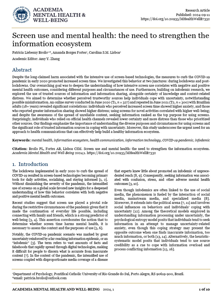 Screen Use and Mental Health The Need To | PDF | Mental Health ...