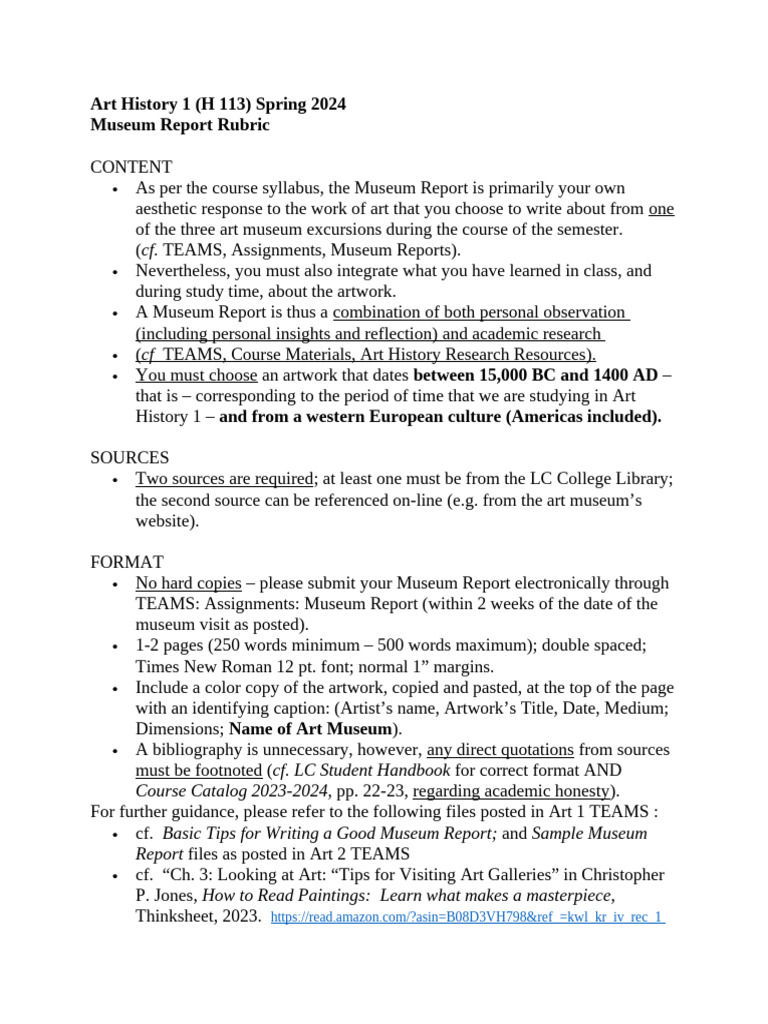 Art 1 Museum Report Rubric | PDF