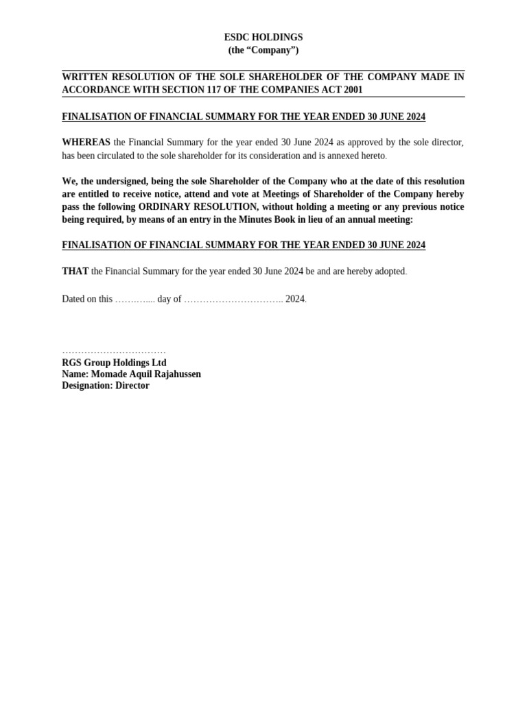 WRS - Approval of FS FYE 30 June 2024 | PDF