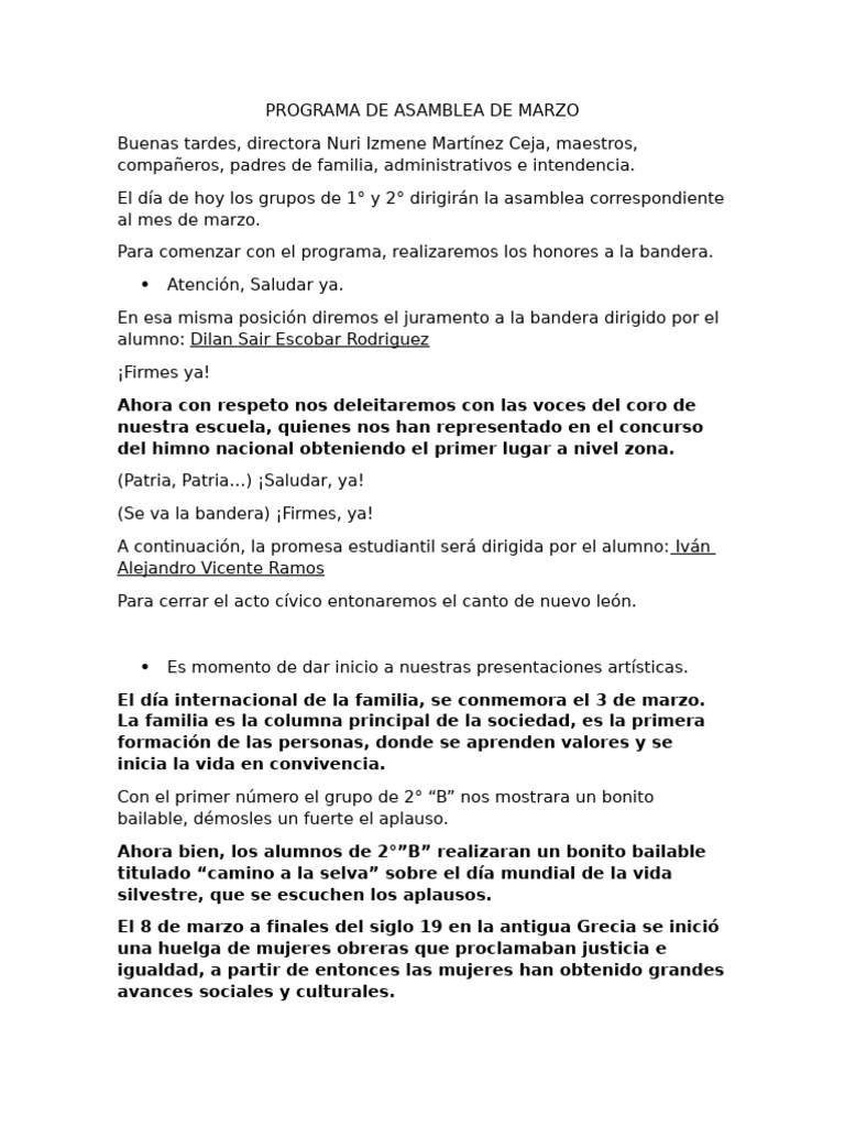 PROGRAMA DE ASAMBLEA DE MARZO | PDF