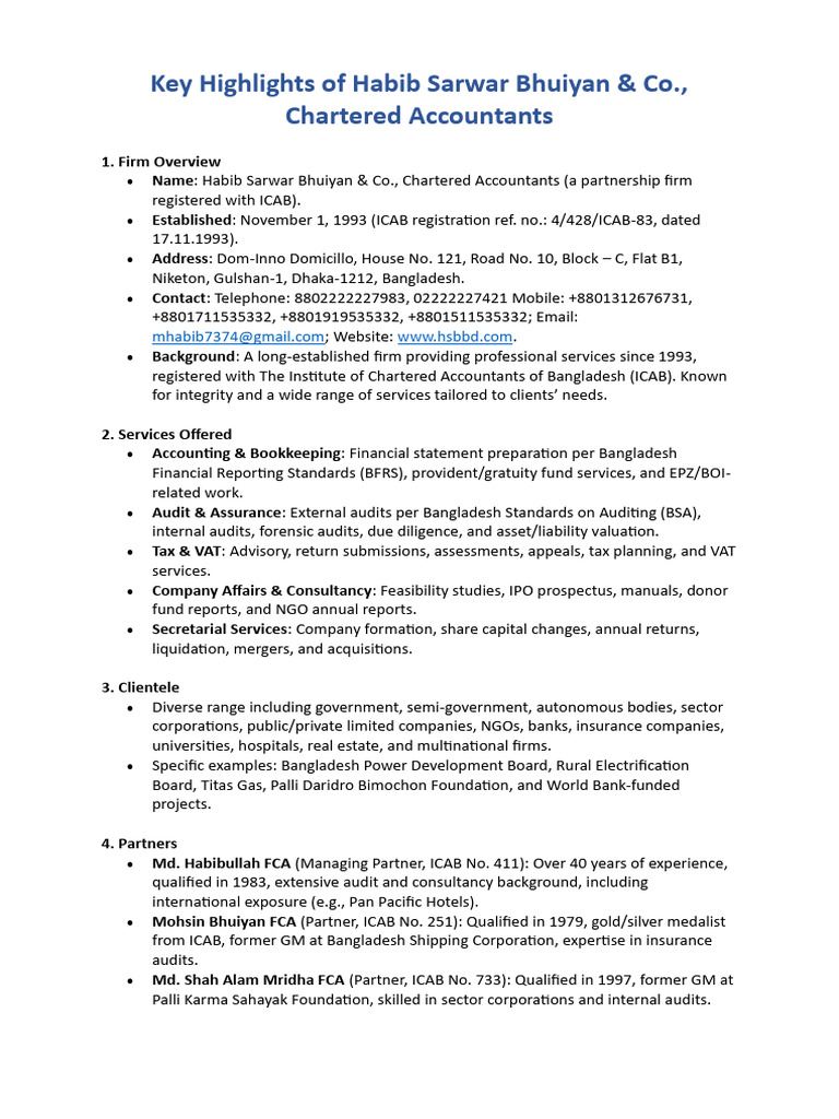 Habib Sarwar Bhuiyan & Co. Overview | PDF | Non Governmental Organization | Audit