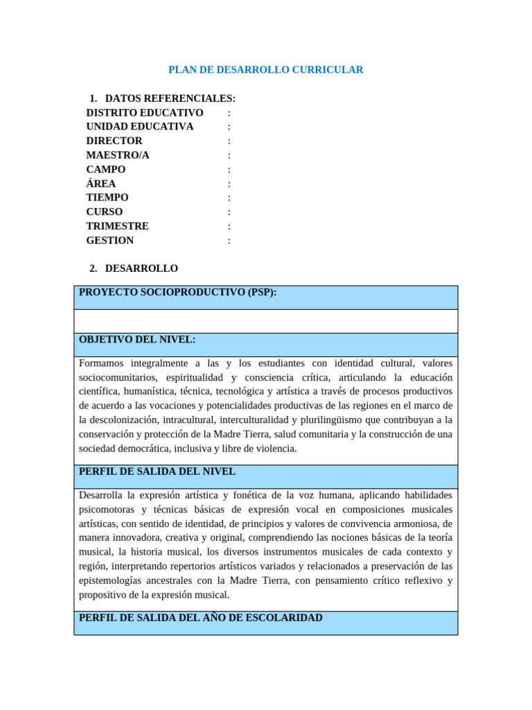 4to PLAN DE DESARROLLO CURRICULAR | PDF | Canto | Plan de estudios
