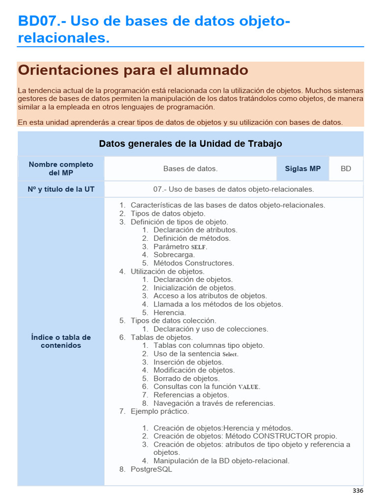 BD-UT07-Uso de Bases de Datos Objeto - Relacionales | PDF | Objeto (informática) | Bases de datos
