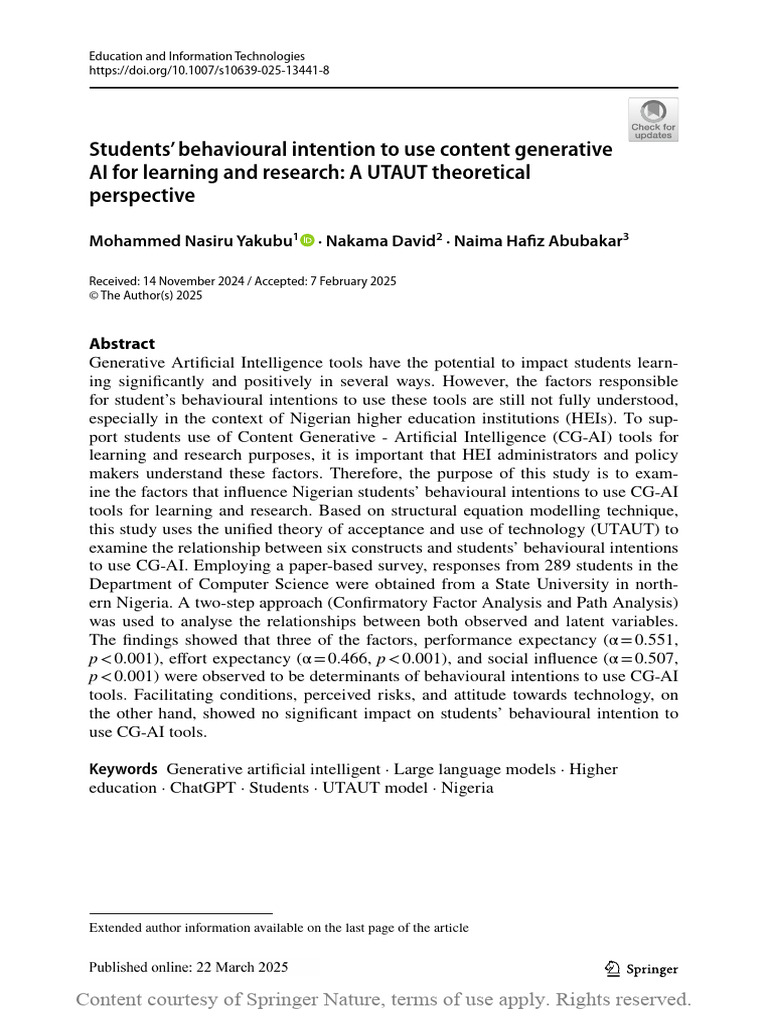 Students Behavioural Intention To Use Content Gen | PDF | Scientific Method | Statistical Theory