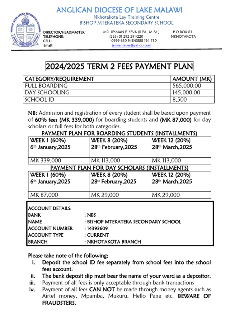 2024 2025 Term 2 Fees Payment Plan | PDF
