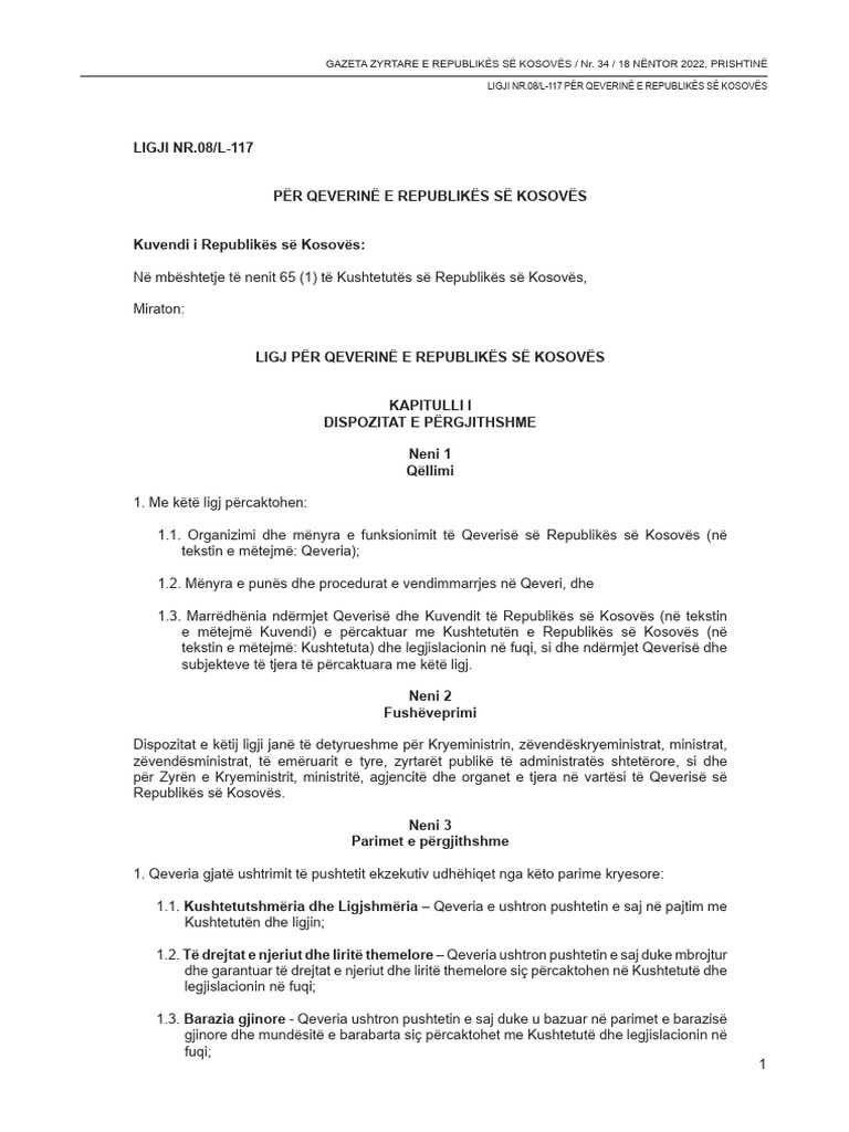 Ligji Nr. 08 L-117 Për Qeverinë e Republikës Së Kosovës | PDF