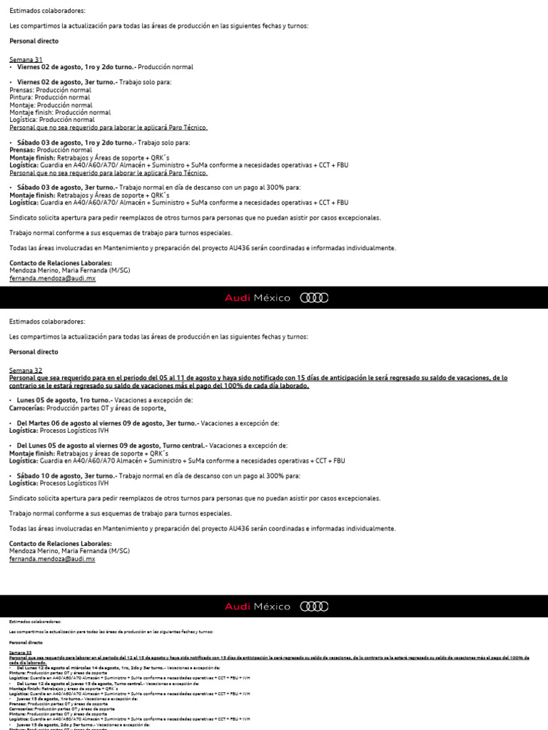 Actualización de Turnos KW 31, 32, 33 y 34 | PDF | Logística