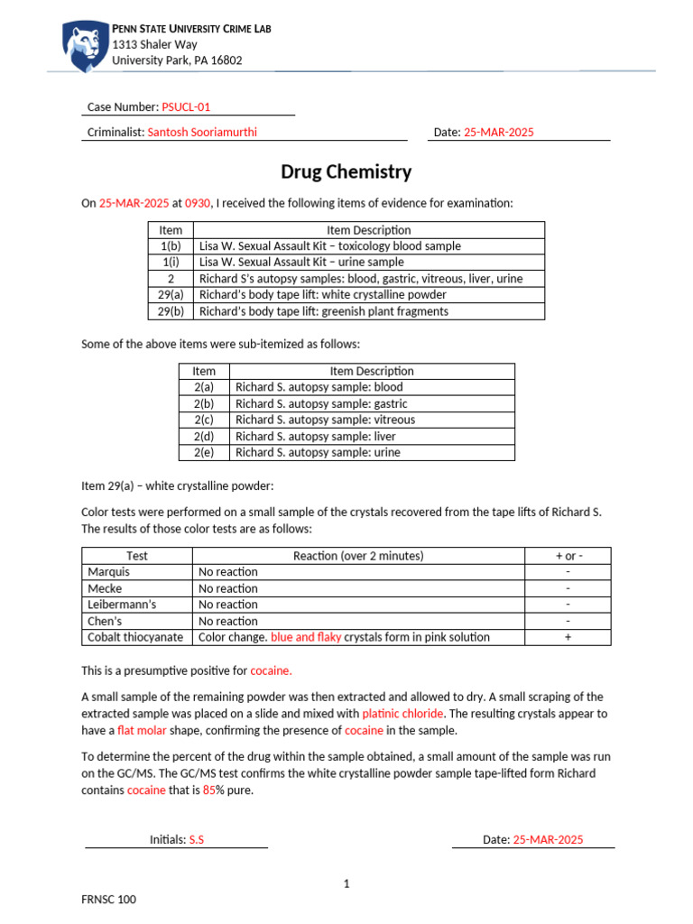Drug Chemistry and Toxicology Report | PDF | Cocaine | Cannabis (Drug)