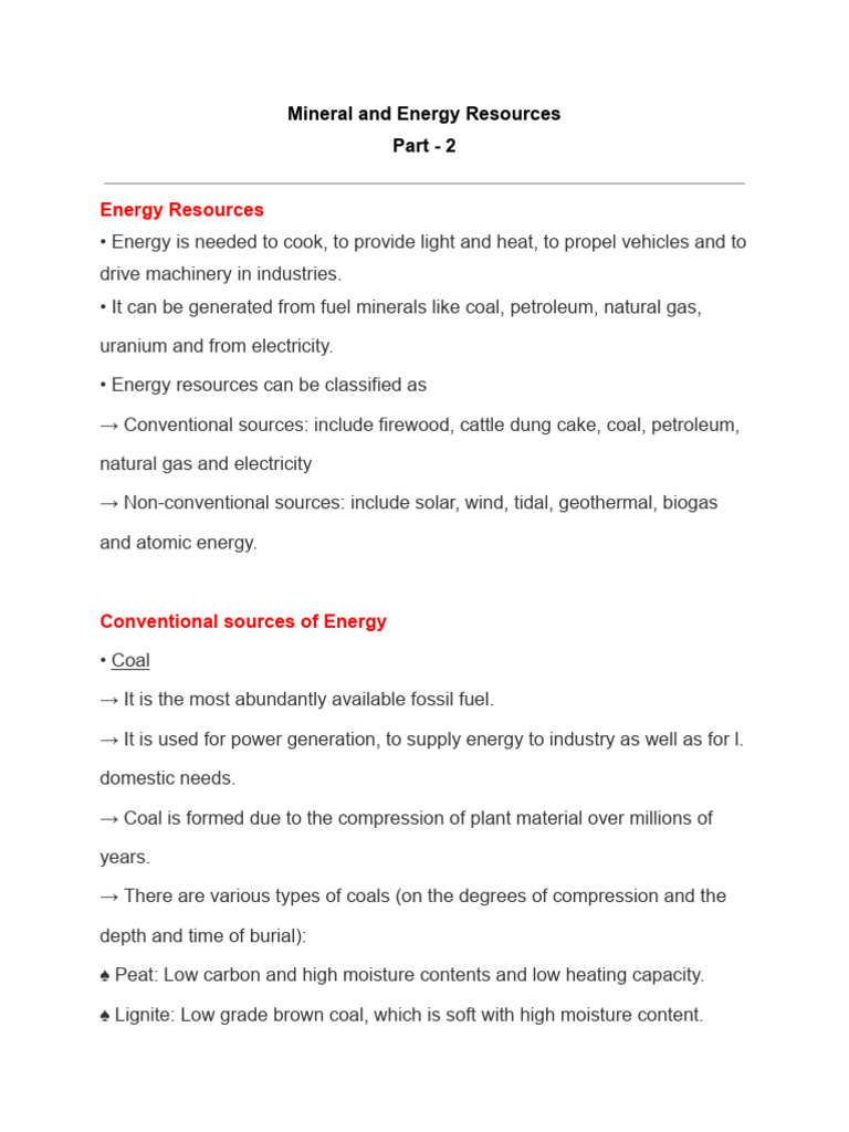 Notes - Minerals and Energy Resources Part - 2 | PDF | Coal | Energy ...