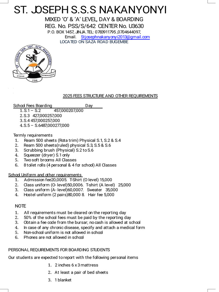 St. Joseph Naggalama Fees Structure 2025 | PDF