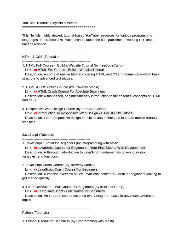 YouTube Tutorials Playlists & Videos | PDF | Java Script | World Wide Web