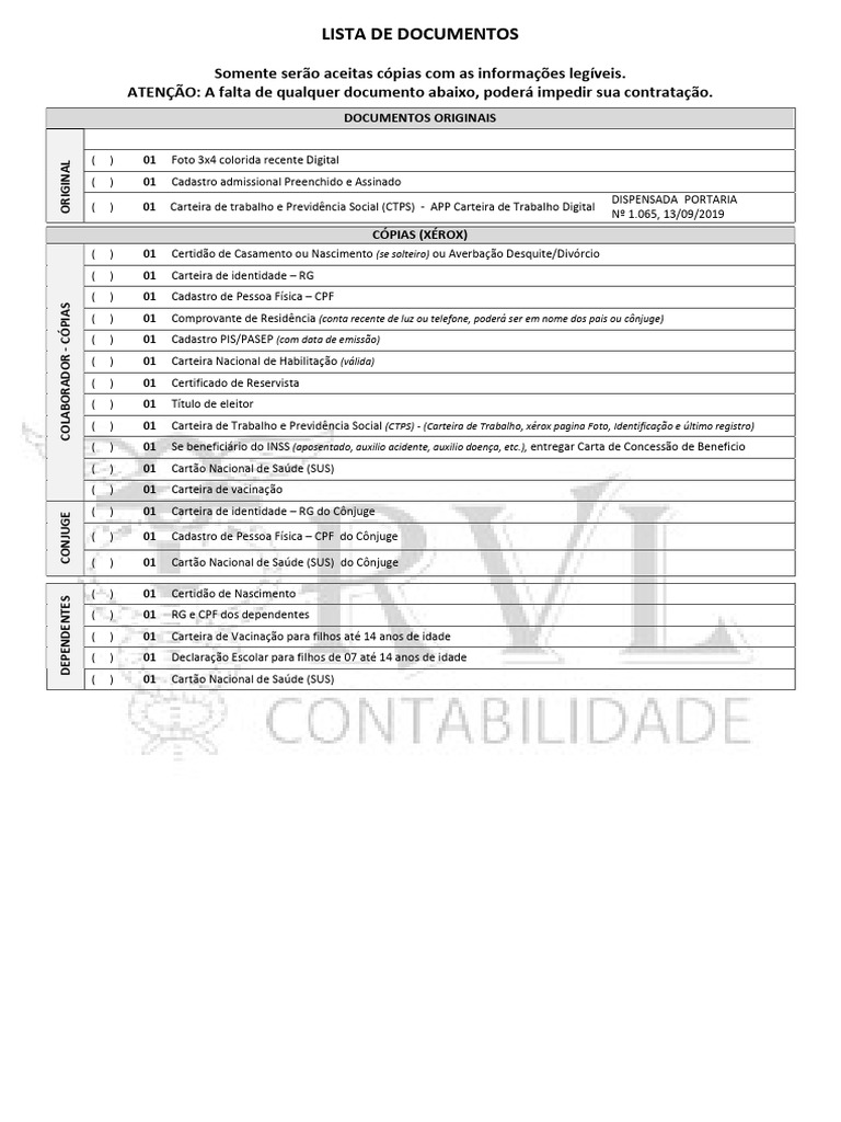Lista Dctos Principais Admissional | PDF | Governo e personalidade