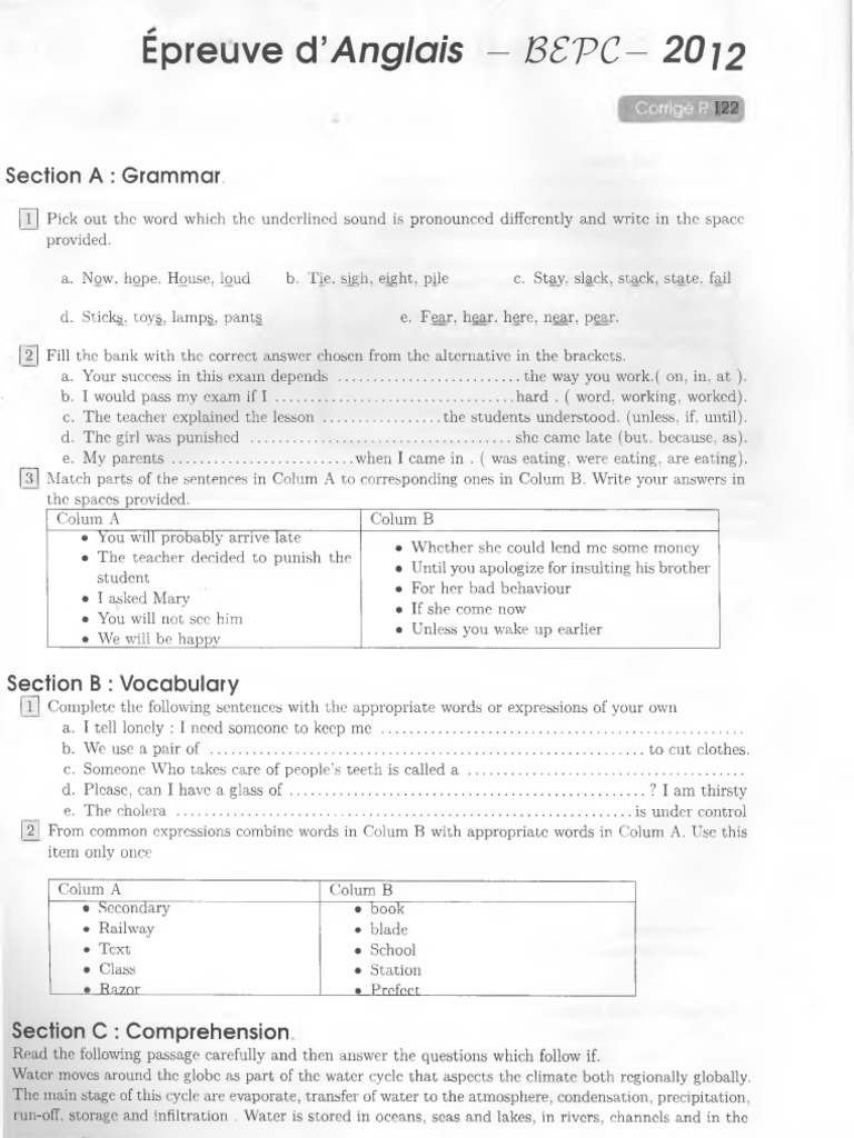 187 Orniformation Epreuve Anglais Bepc Session 2012 | PDF | Water | Hydrography