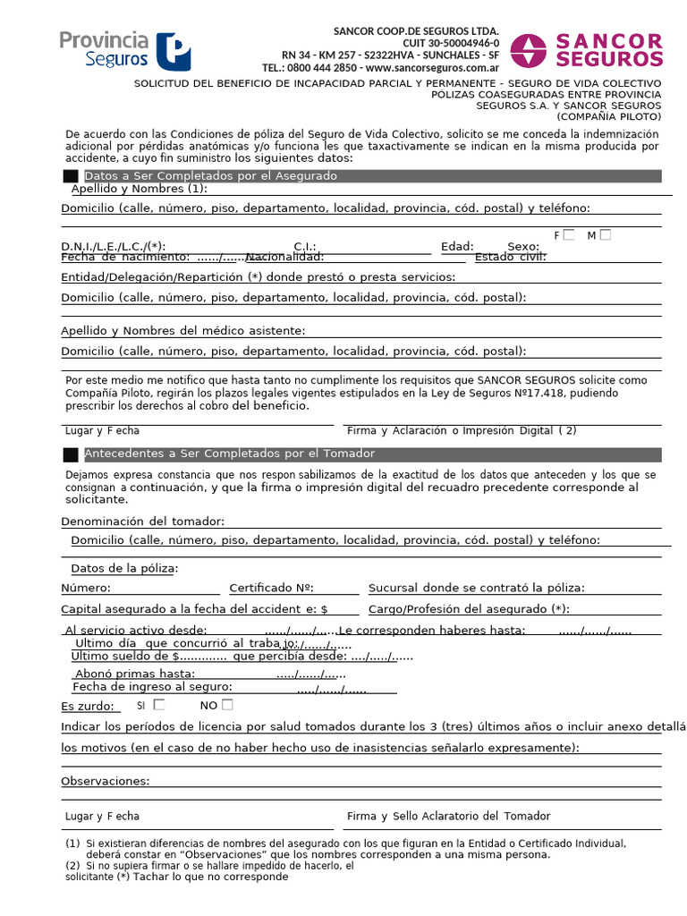 Planilla Por Incap. Parcial y Perman. Sancor | PDF | Póliza de seguros | Seguro