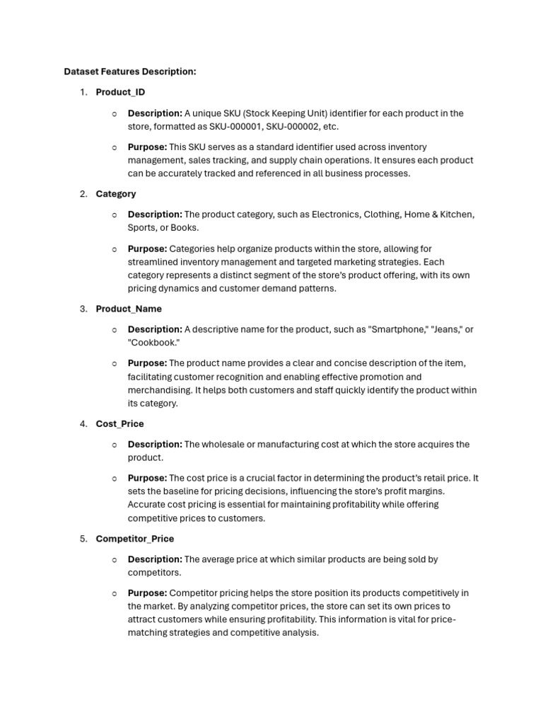 Product Dataset Features Overview | PDF | Pricing | Prices