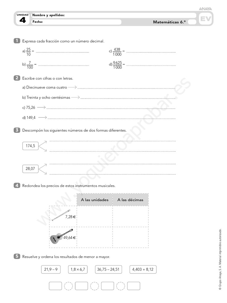 Examen Unidad 4 Mates 6primaria | PDF | División (Matemáticas) | Aritmética