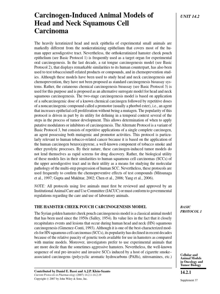 Carcinogen Induced Animal Models of UNIT 14.2 Head and Neck Squamous ...