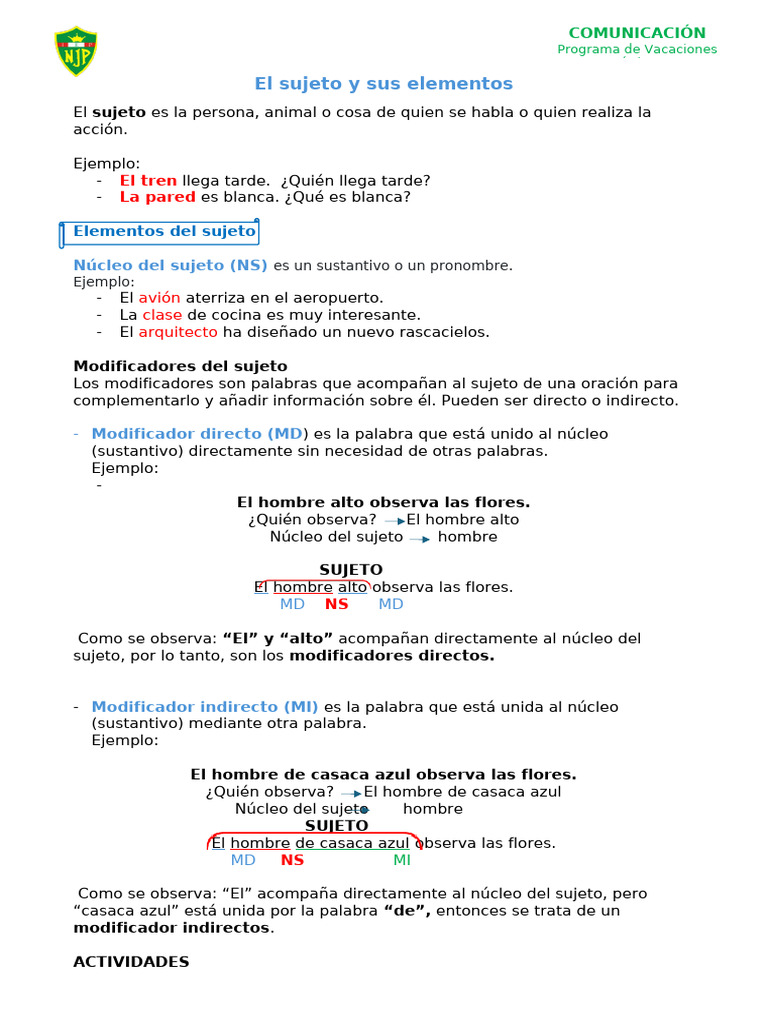 Modificadores Directos en Oraciones | PDF | Asunto (gramática ...