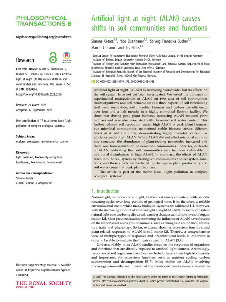 Cesarz Et Al 2023 Artificial Light at Night (Alan) Causes Shifts in ...