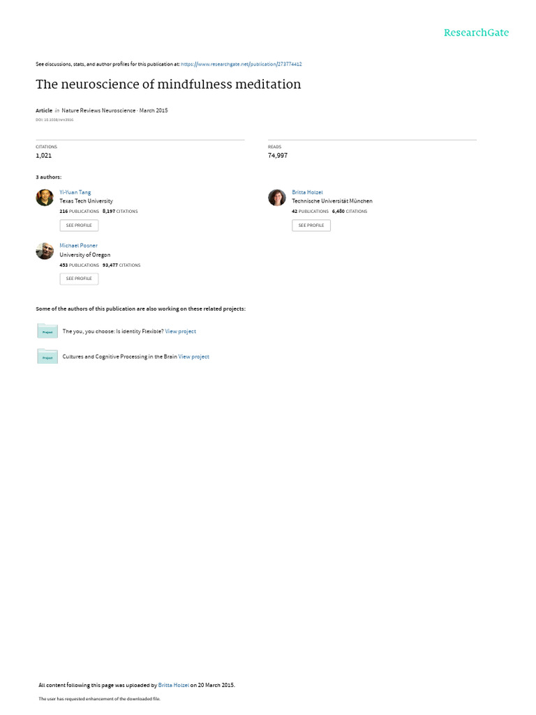 Tang Holzel Posner 2015 Nat Rev Neurosci | PDF | Attention | Mindfulness