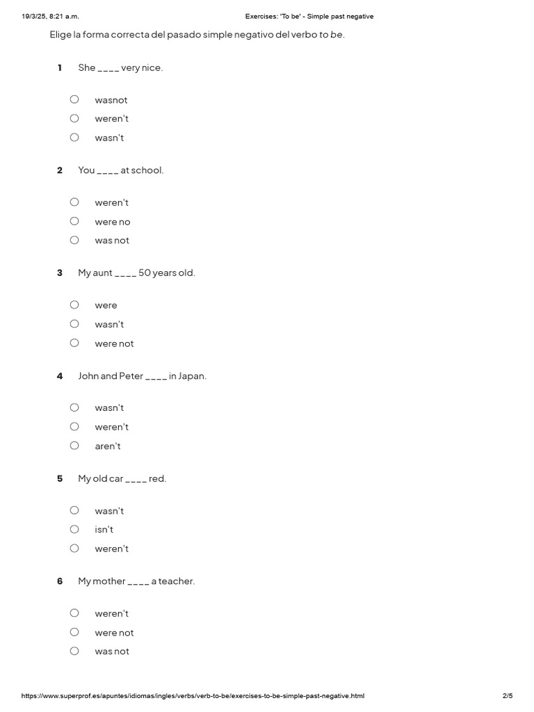 Simple Past Negative: 'To Be' Exercises | PDF