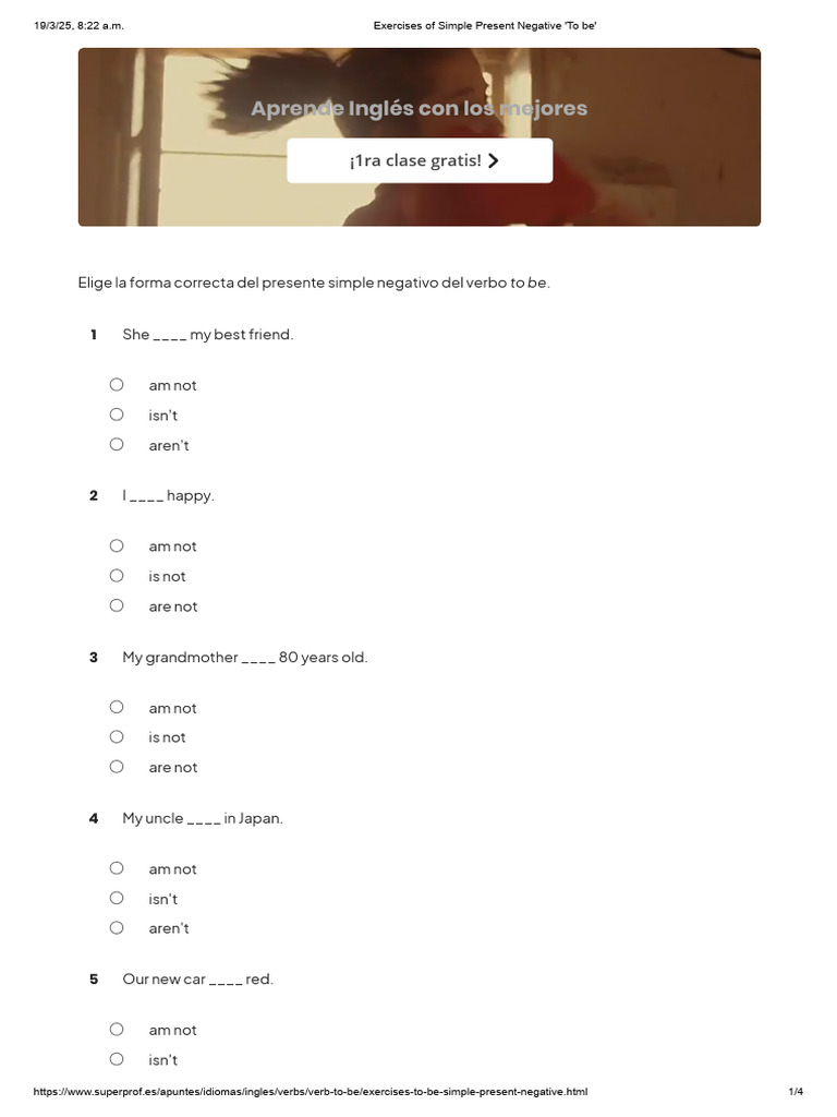 Exercises of Simple Present Negative 'To Be' | PDF