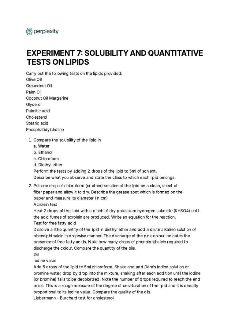 Experiment 7 - Solubility and Quantitative Tests On | PDF | Lipid | Fat