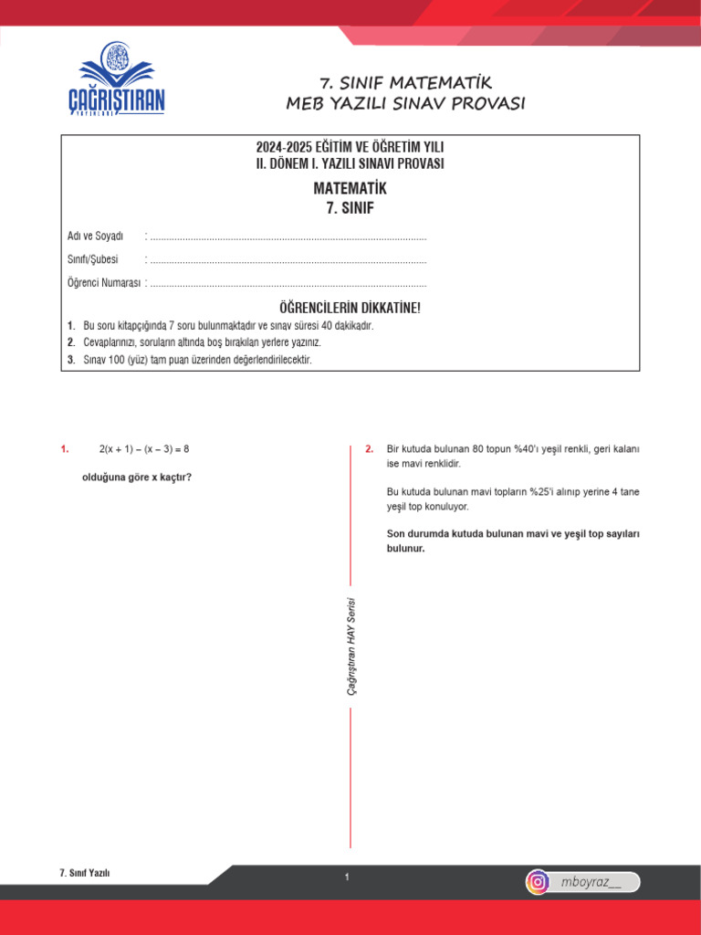 7 Sinif Yazili Sinav Provasi (1) - 250326 - 123907 | PDF