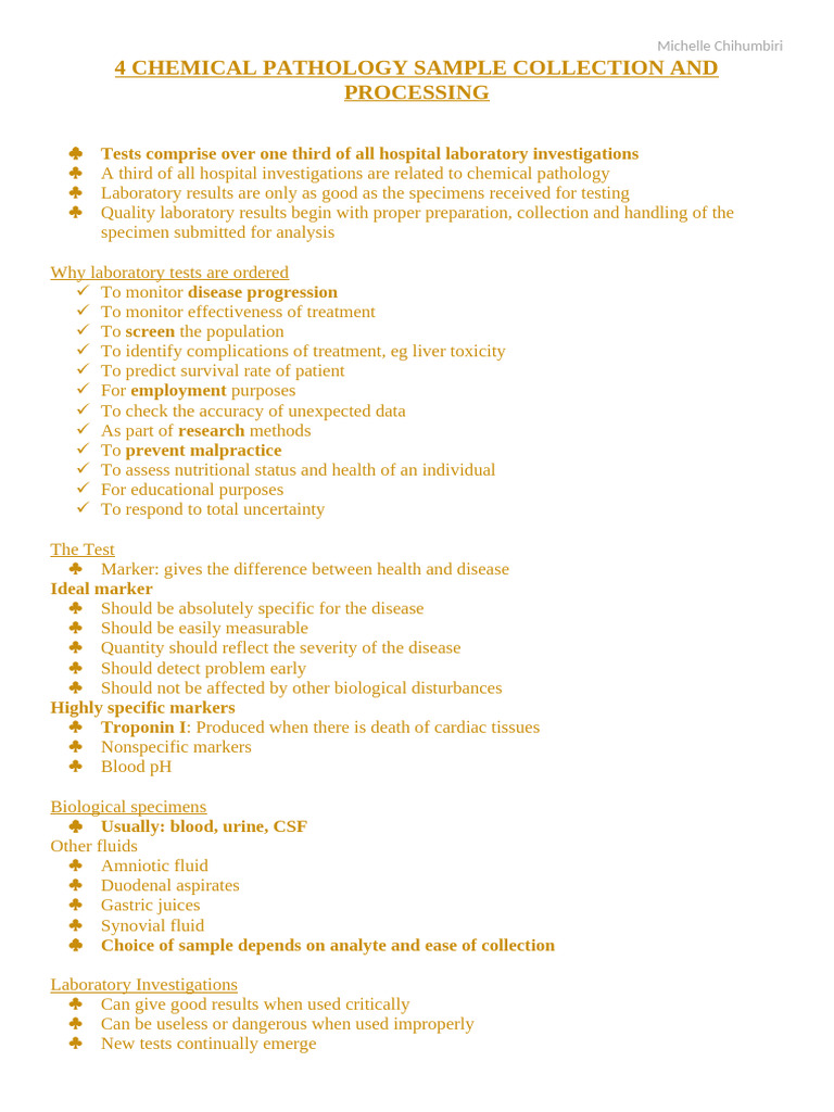 Chemical Pathology Sample Collection Guide | PDF | Blood Plasma | Biomarker