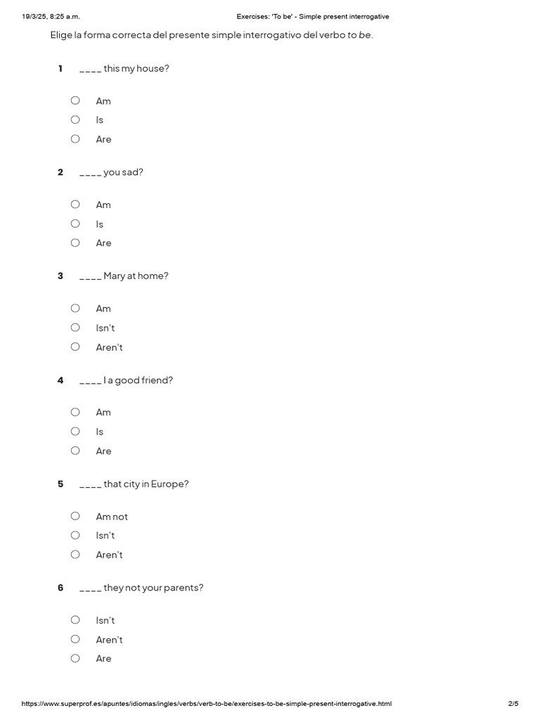 Exercises - 'To Be' - Simple Present Interrogative | PDF