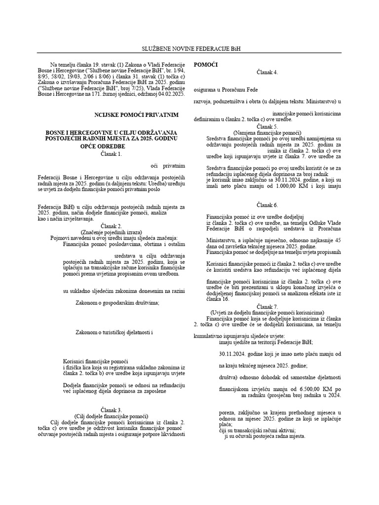 Uredba o mjerama financijske pomoci poslodavcima obrtima i odstalim djelatnostima SN FBiH 8-2025 ...