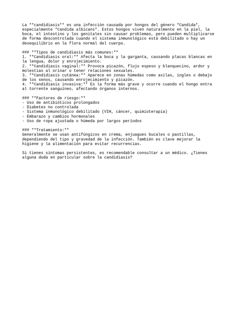 Candidiasis: Tipos, riesgos y tratamiento | PDF