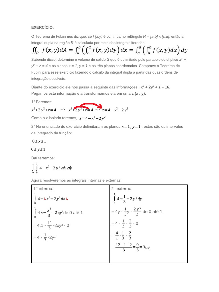 Volume de Sólido e Teorema de Fubini | PDF