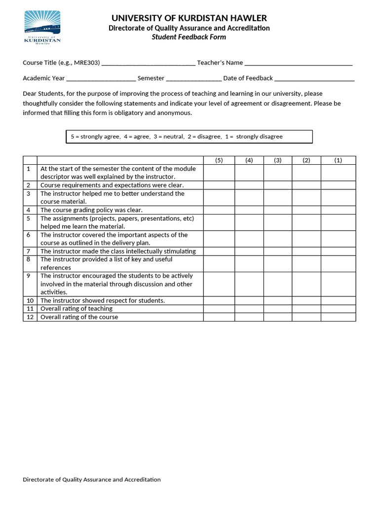 Student Feedback Form for Course Evaluation | PDF
