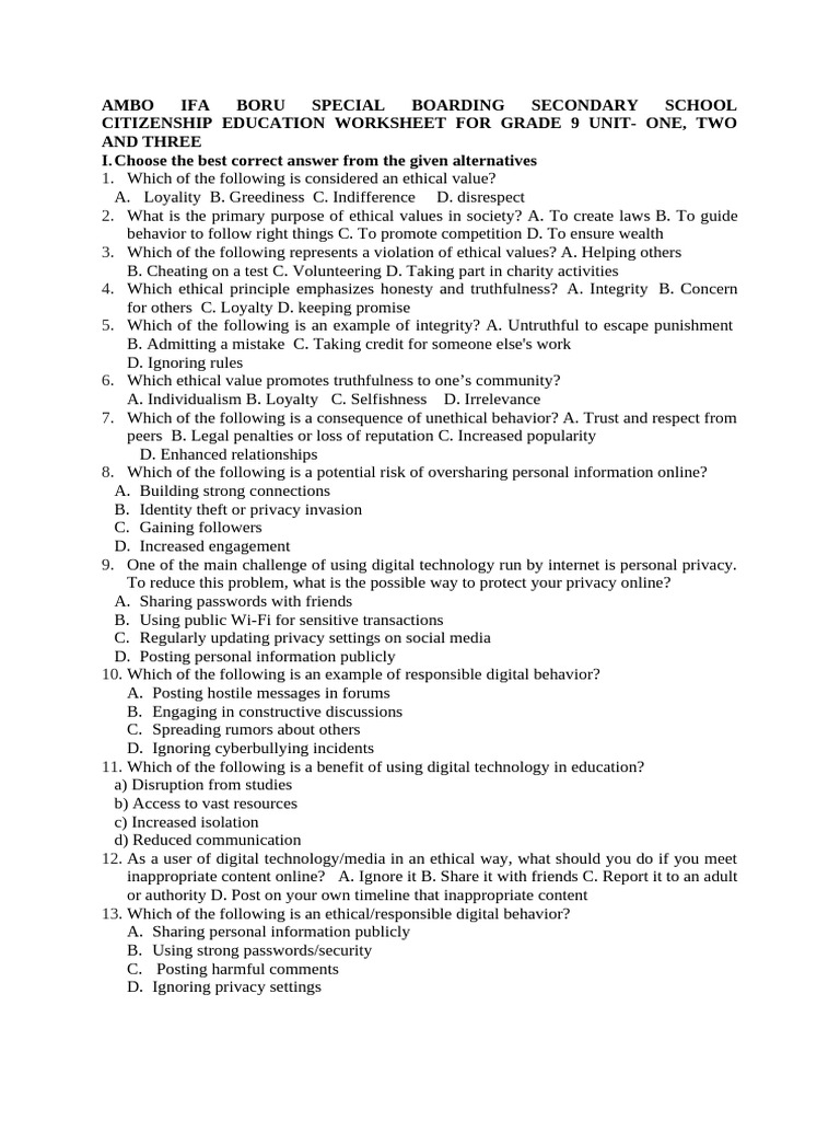 Grade 9 Citizenship Education Worksheet | PDF | Constitution | Privacy