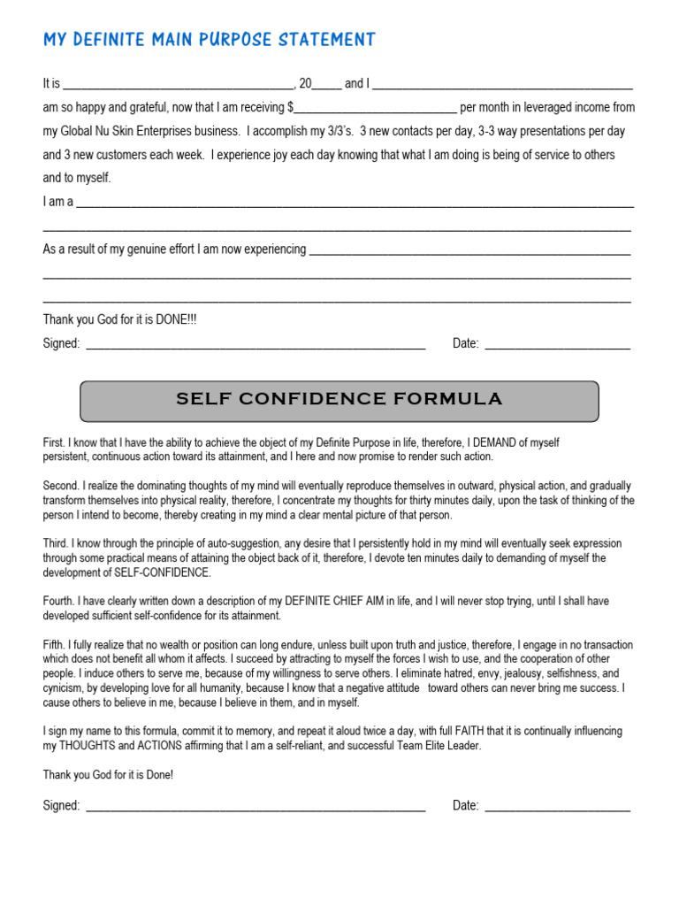 Definite Main Purpose Statement Self Confidence Formula | PDF | Thought ...