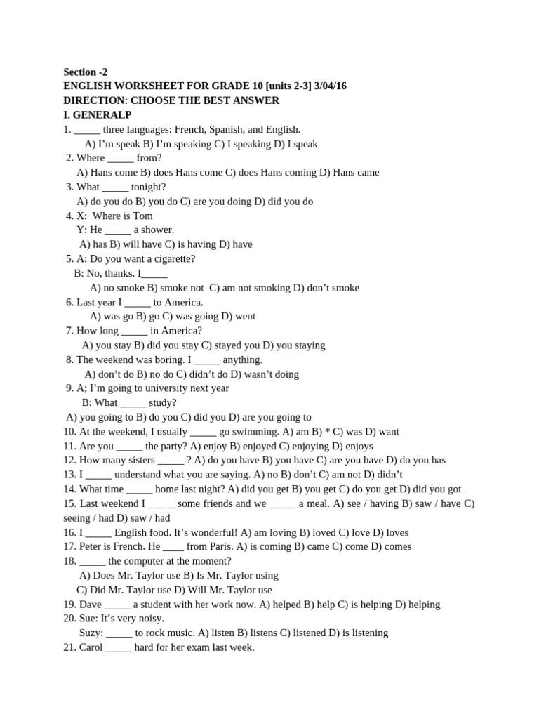English Worksheet For Grade 10 | PDF | Linguistics