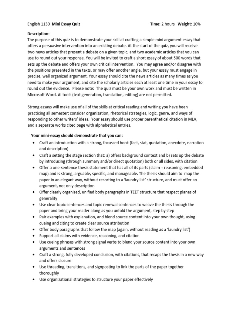 English 1130 Mini Argument Essay Quiz | PDF | Essays | Citation
