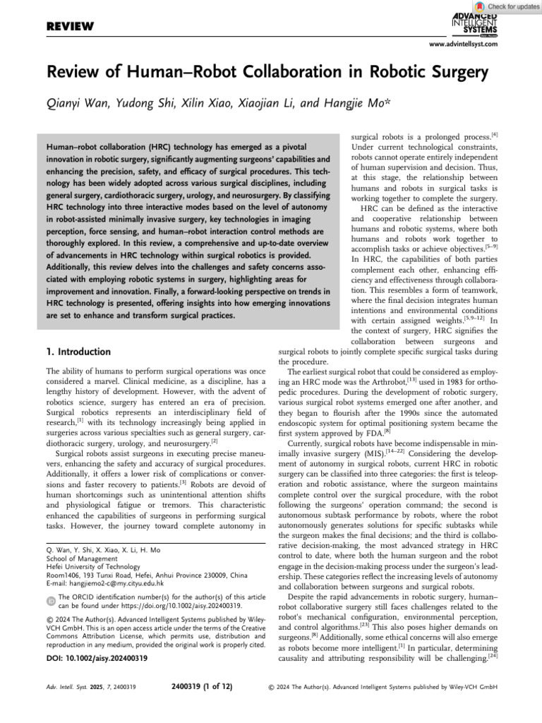 Advanced Intelligent Systems - 2024 - Wan - Review of Human Robot ...