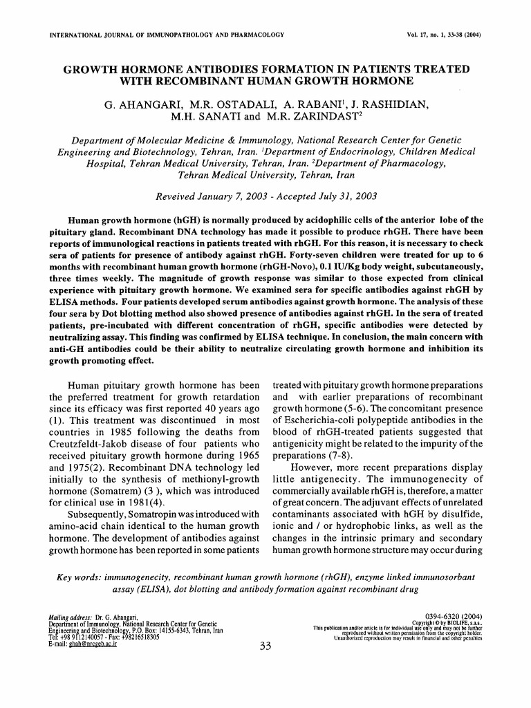 Ahangari Et Al 2004 Growth Hormone Antibodies Formation in Patients Treated With Recombinant ...