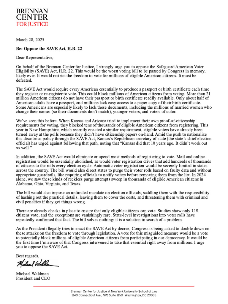 SAVE Act Opposition Letter To Congress | PDF