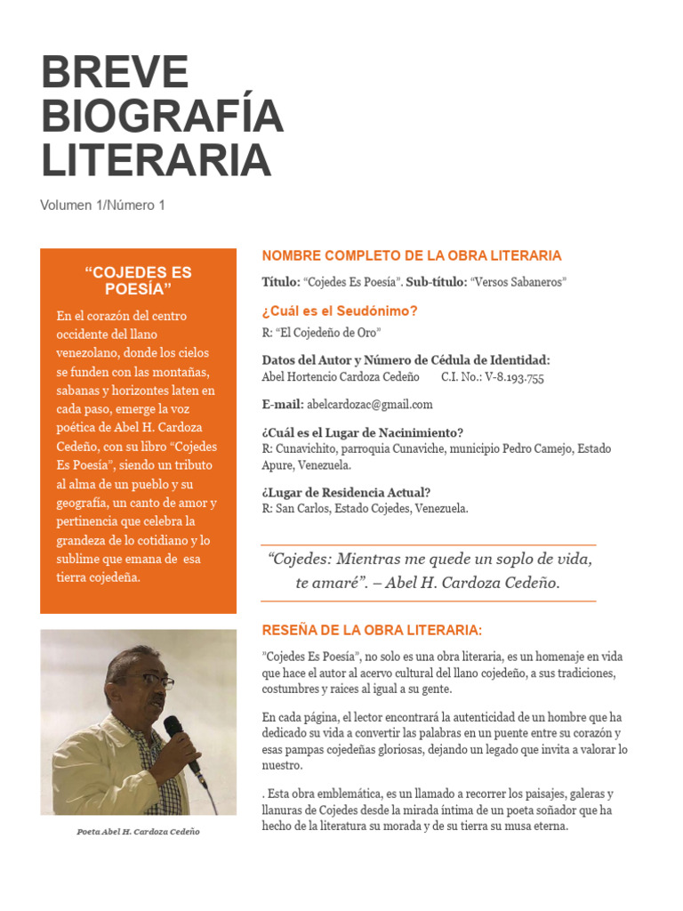 Breve Biografía Literaria del Escritor Abel Cardoza y su obra "Cojedes Es Poesía" | PDF