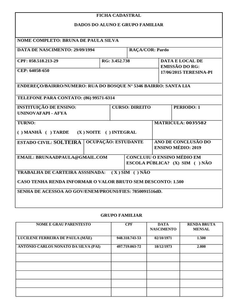 Ficha Cadastral Fies-Prouni Bruna | PDF