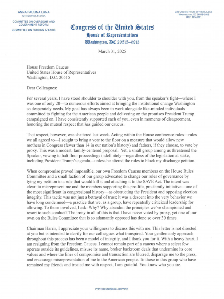 Anna Paulina Luna House Freedom Caucus Resignation Letter | PDF