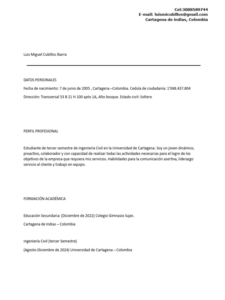 Hoja de Vida de Luis Miguel Cubillos | PDF | Colombia