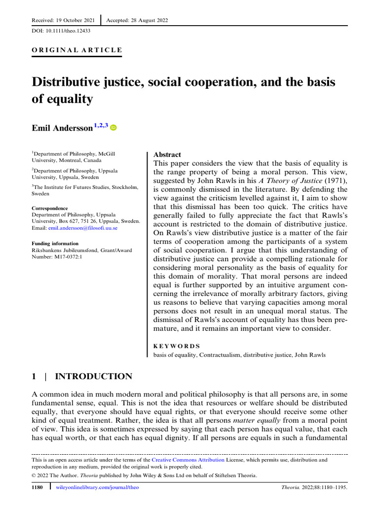 Distributive Justice, Social Cooperation, and The Basis of Equality ...