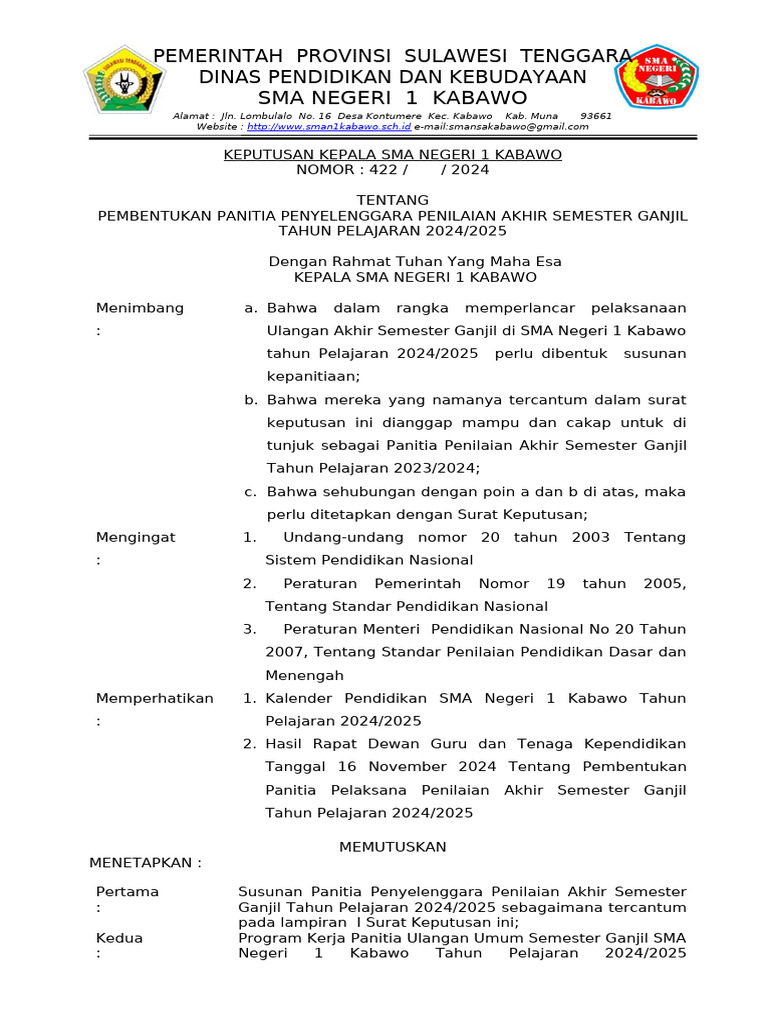 SK Panitia PAS Ganjil Desember 2024 | PDF