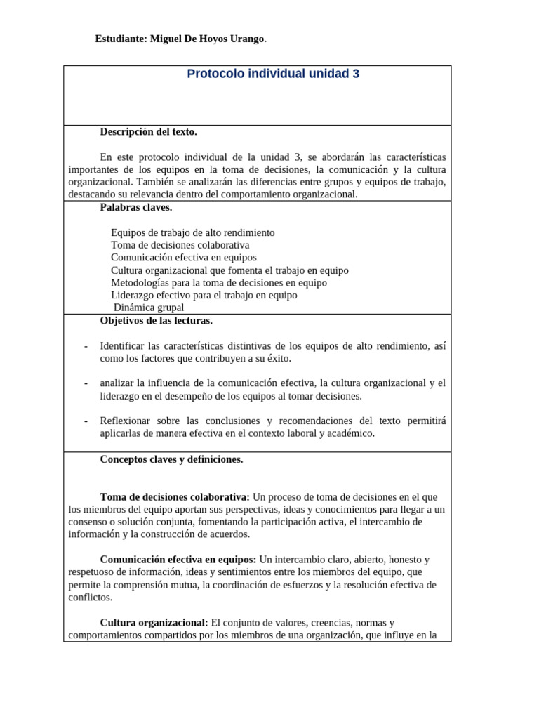 Protocolo Individual Unidad 3 Comportamiento Oragnizacional | PDF | Toma de decisiones | Cultura ...